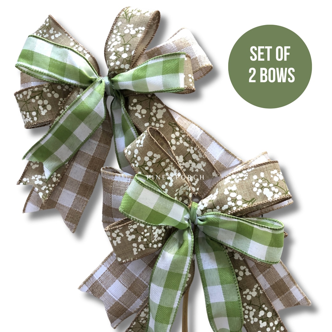 Set of 2 Sage Green Buffalo Plaid and Neutral Bows, Spring and Summer ...