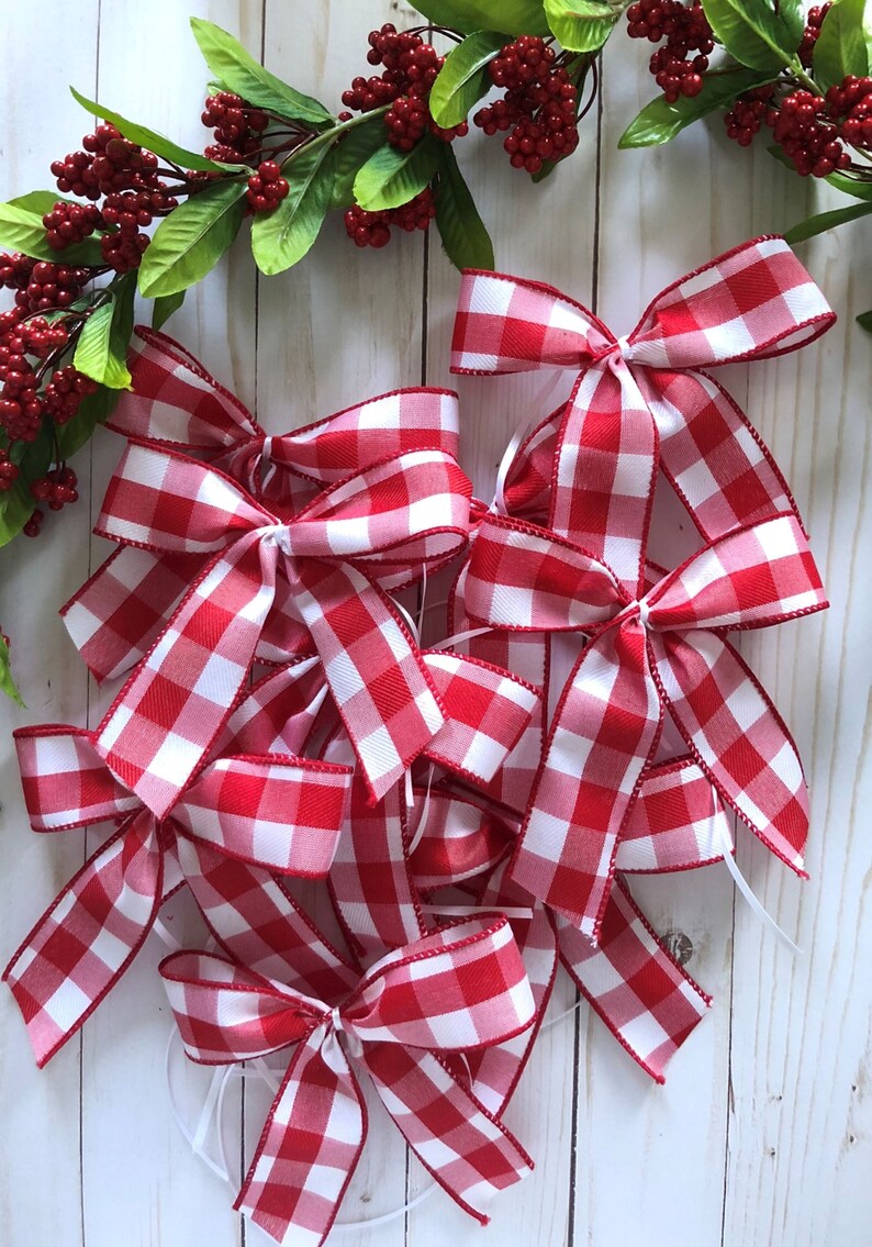10 Christmas Tree Bows Red and White Buffalo Check Small - Etsy