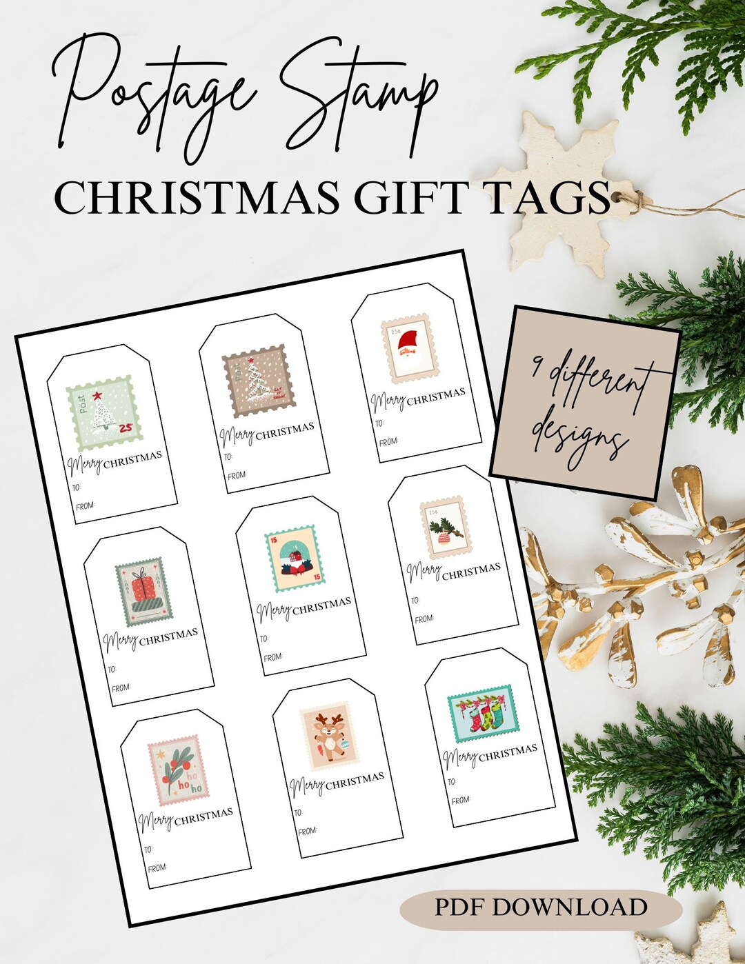Postage Stamp Christmas Gift Tags | Printable Holiday Tags (digital ...