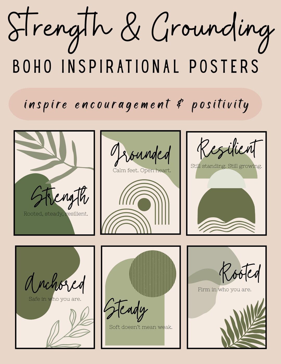 Strength & Grounding Boho Wall Art Set | Calming Green Plant Prints ...