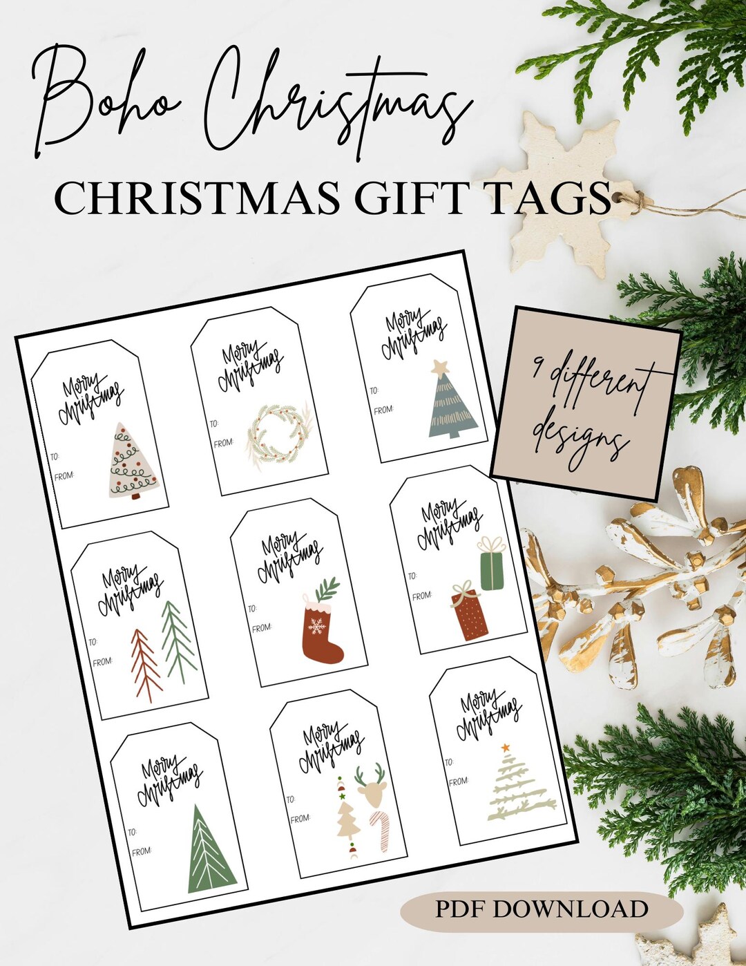 Boho Christmas Gift Tags | Printable Holiday Tags (PDF) - Etsy