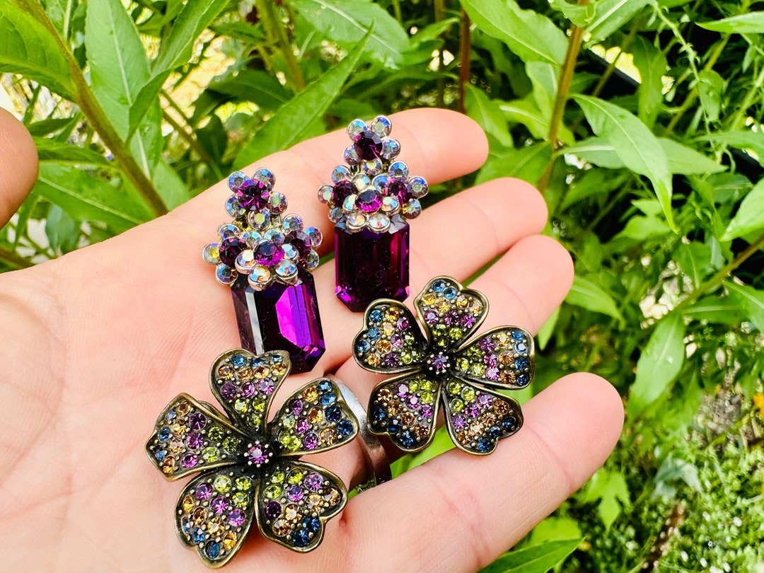 Crystal Sparkle Vintage Flower Clip On Earrings Set Of 2 Rainbow