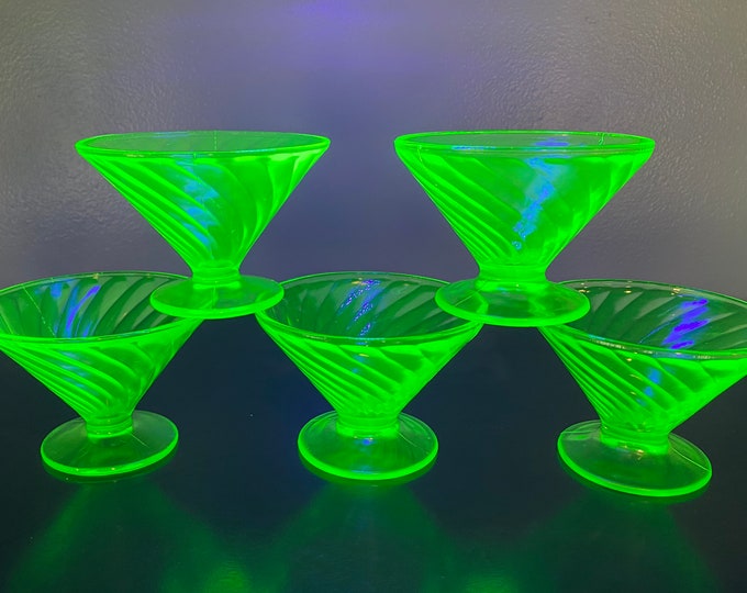 Uranium Vaseline Glass Sherbet Block Optic Swirl Dessert Cups, 1930s ...