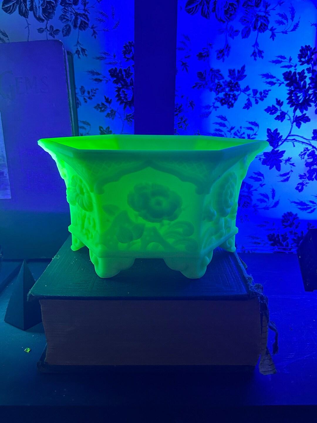 Uranium Glass Planter / Fenton Custard Uranium / Flower Embossed Footed ...