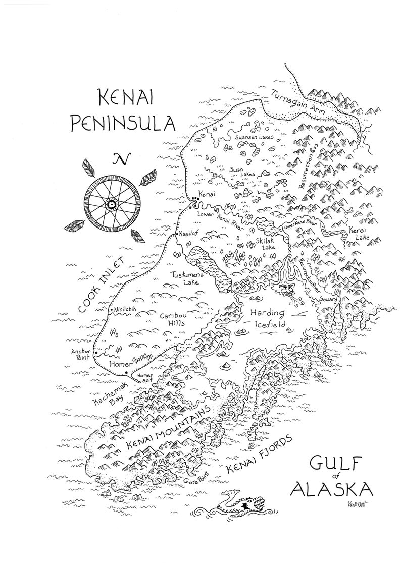 Kenai Peninsula Map: Hand-drawn Map Print by Alaskan Artist Kim Mcnett ...