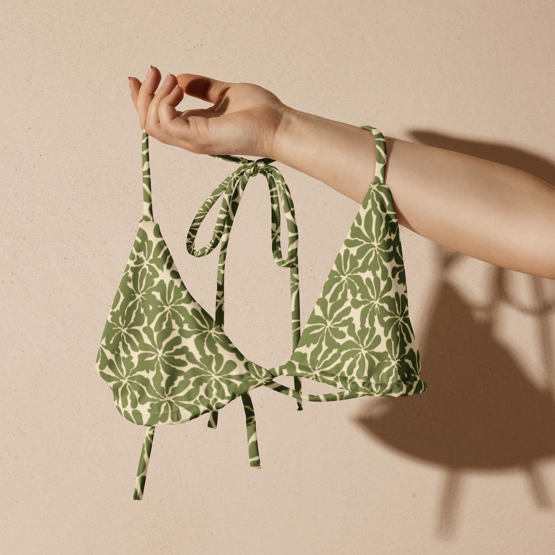 Green Wildflower Recycled Plastic Triangle String Bikini Swimsuit Top ...