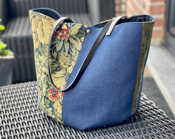 Large Patchwork Bucket Bag in Jeans and Furnishing Fabrics With ...