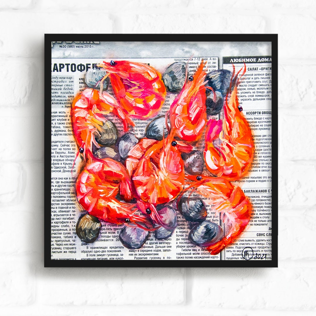 Shrimp Oil Painting: Seafood Still Life on Newspaper Art (8x8) - Etsy