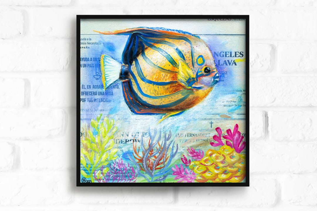 Retro Fish Original Oil Painting Vintage Newspaper Wall Art Aesthetic ...