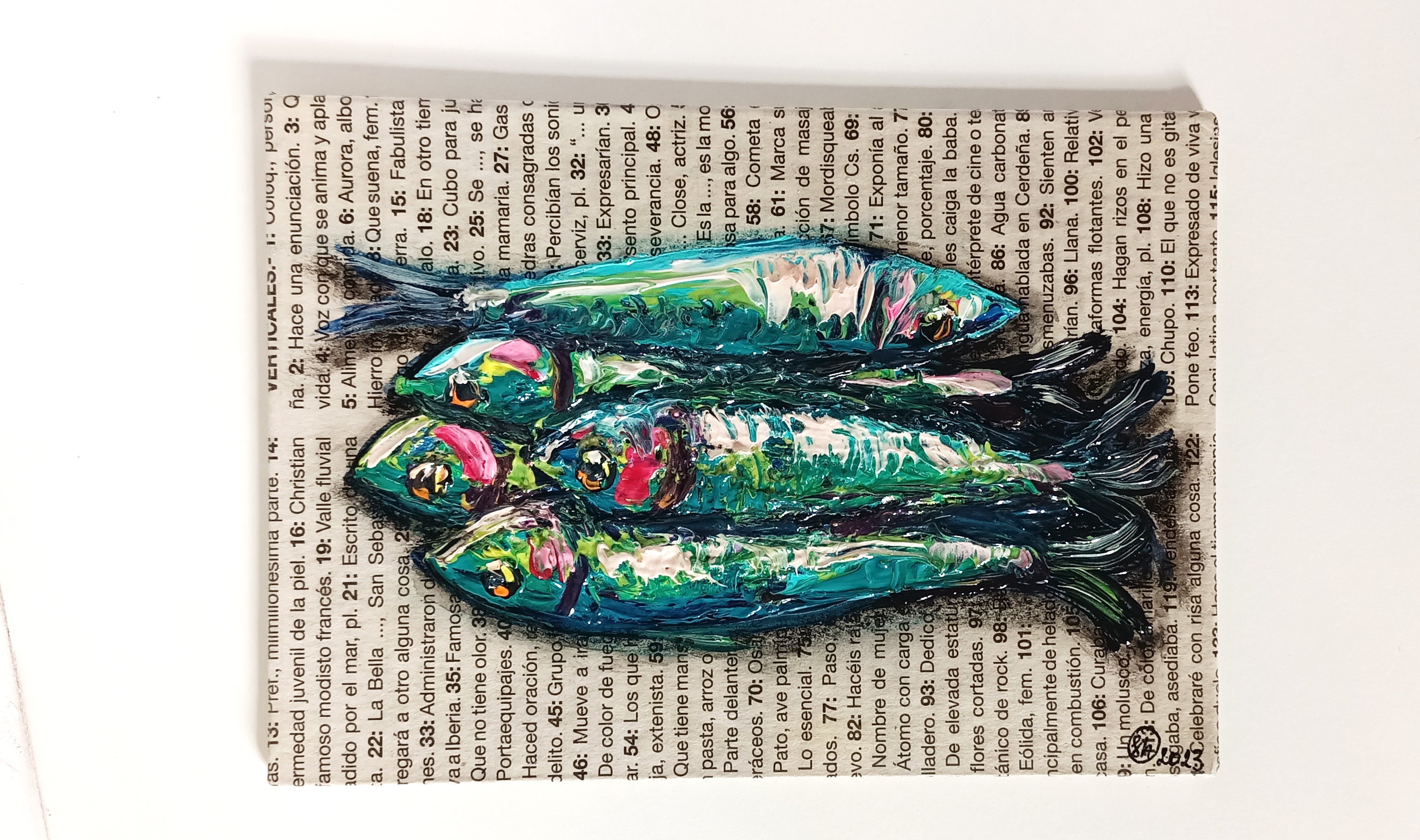 Fish Painting Food Original Oil Art Newspaper 5 by 7 Seafood 3d Wall ...