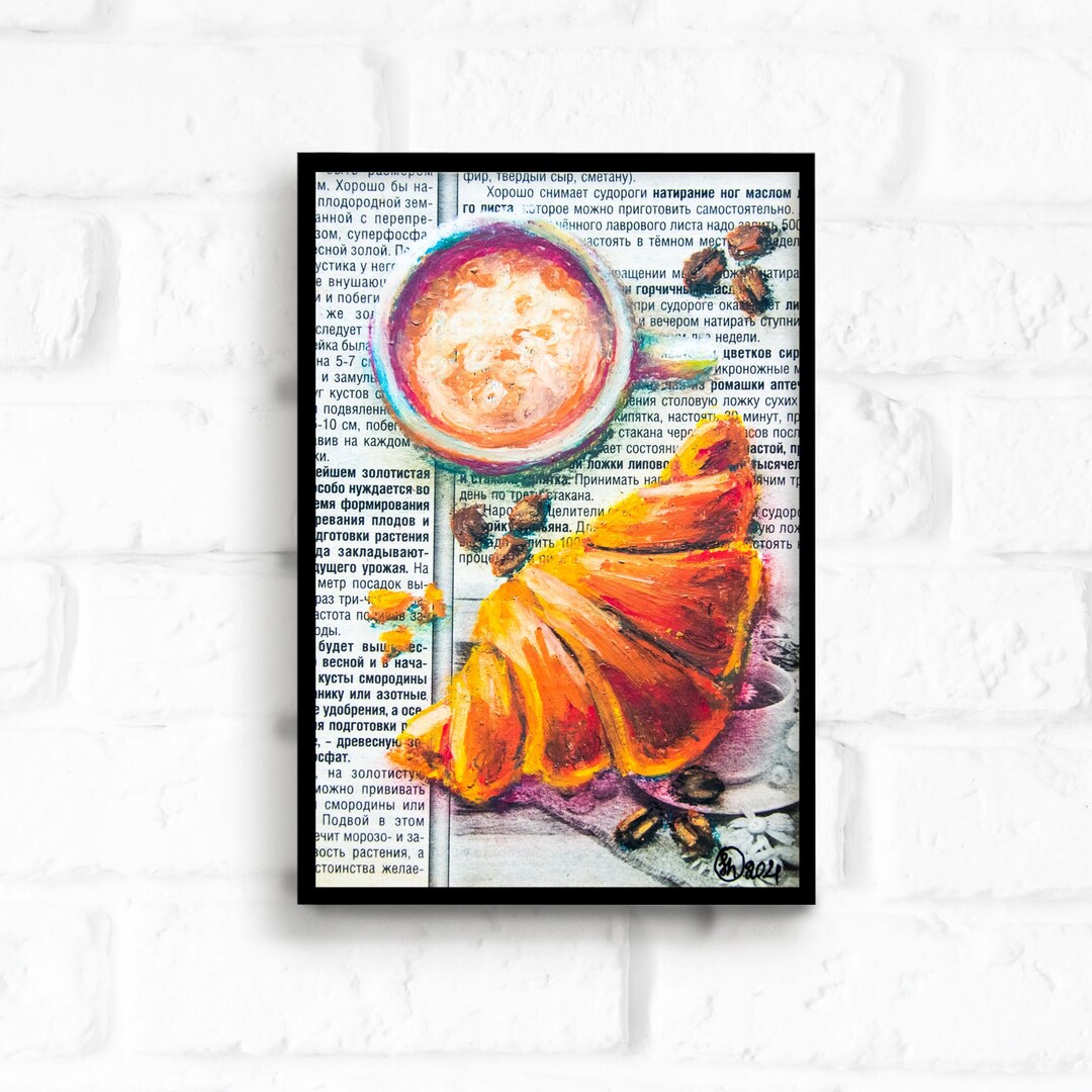 Croissant Oil Pastel Painting: French Breakfast Art on Newspaper (4x6 ...
