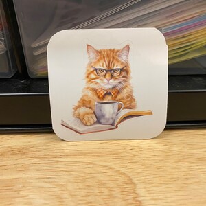 Cat Reading and Coffee Sticker, Red Cat Sticker, Cute Cat With Paper ...