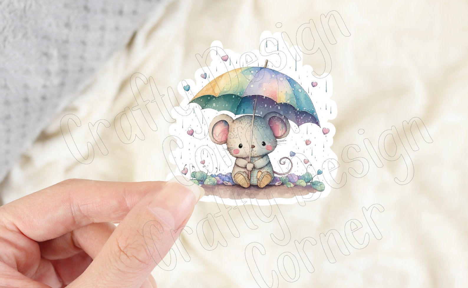 Mouse and Umbrella STICKER, Cute Mouse Sticker, Cute Mouse With Rainbow ...