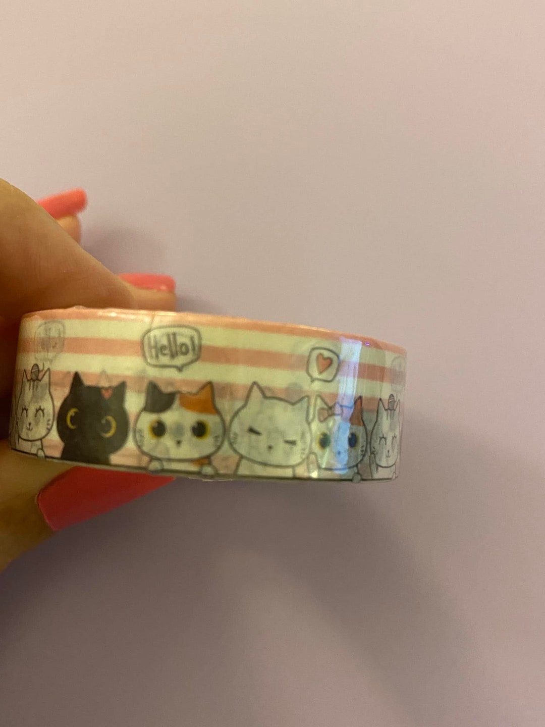 Big Roll of Kawaii Cats With Pink Stripes Washi Tape, Cat Heads Washi ...