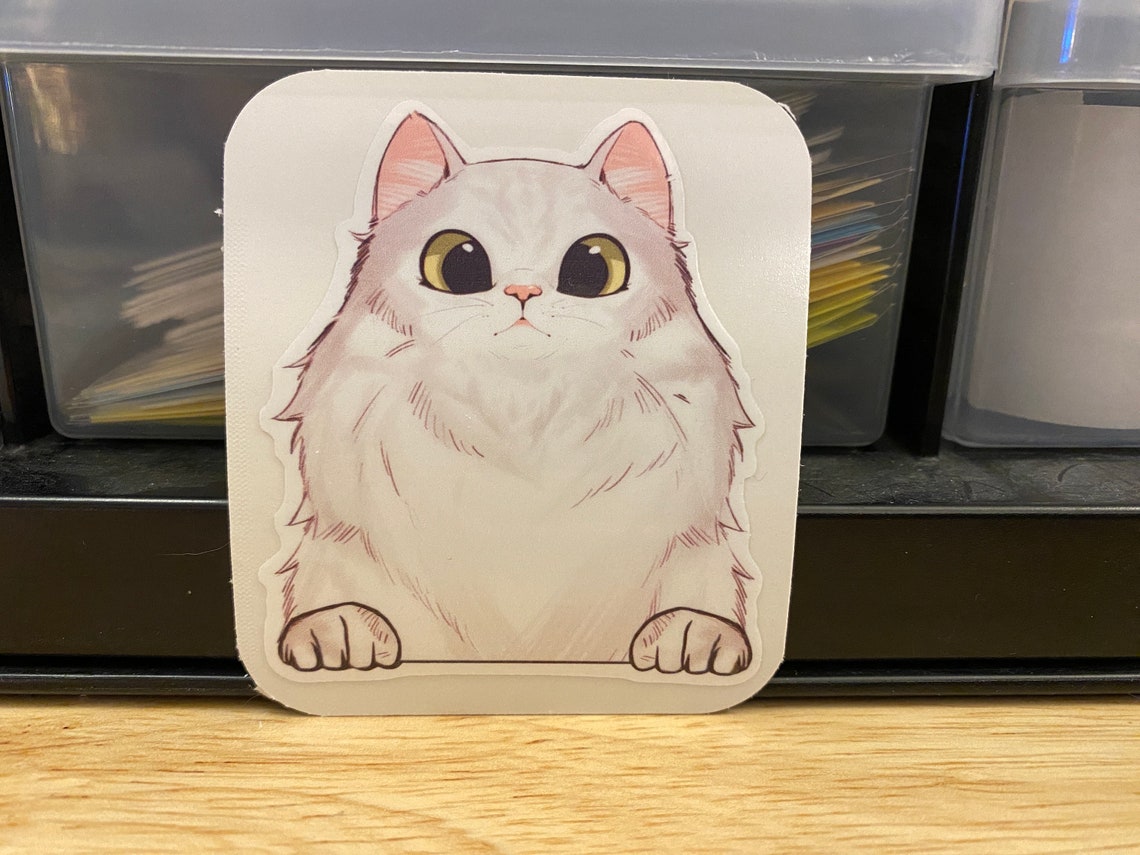 Fluffy White Cat With Yellow Eyes STICKER, White Cat Decal, Fluffy Cat ...