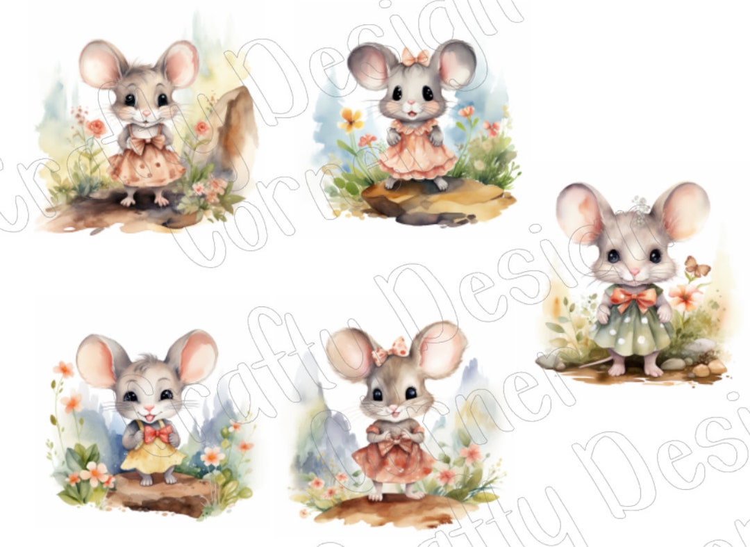 Cute Dressed Mice With Bows 5 Designs Watercolor Spring Mice - Etsy