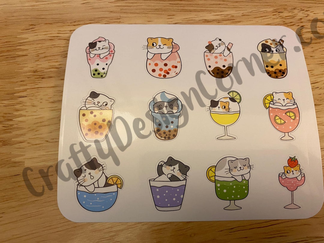 BOPP Cat Boba Tea Stickers Sheet, Cat Sticker Sheet, Cute Boba Cat ...