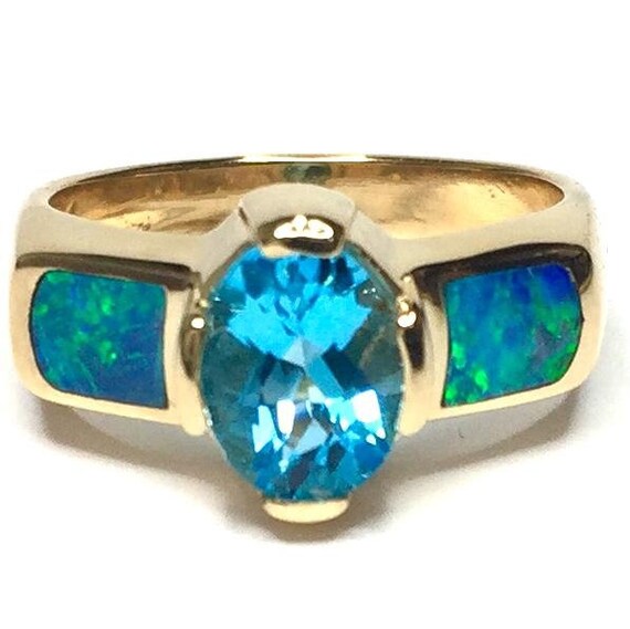 Opal Rings 2 Section Inlaid Design With Oval Swiss Blue Topaz - Etsy