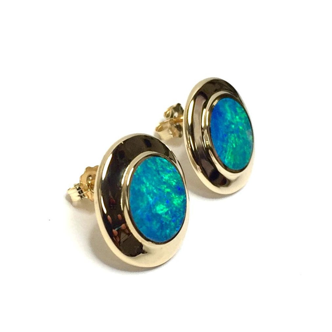 Opal Earrings Round Inlaid Design Studs - Etsy