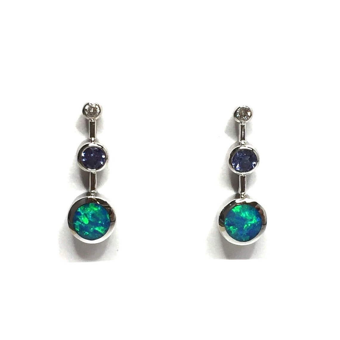 Opal Earrings Round Inlaid With Tanzanite and .04ctw Round - Etsy
