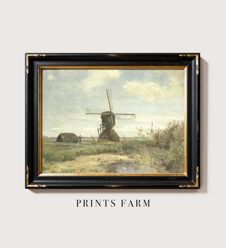 Dutch Windmill Print, Countryside Painting, Vintage Farmhouse Decor ...