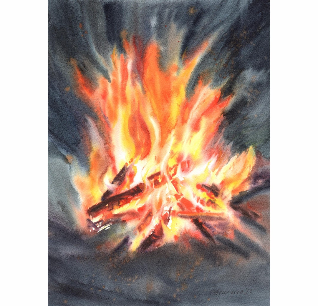 Fire Painting Original Watercolor Art, Campfire Artwork, Bonfire Wall ...