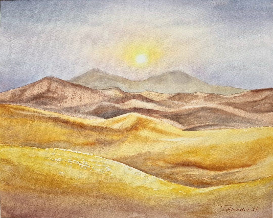 Desert Painting Original Watercolor Art, Sand Dunes Artwork Sunrise in ...