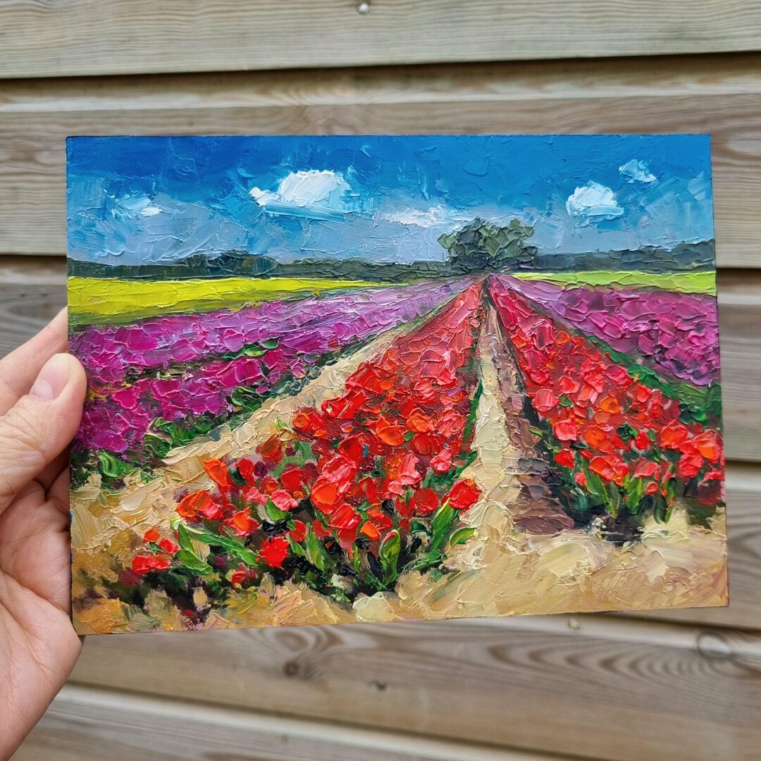 Tulip Fields Painting Original Oil Art Dutch Landscape Impasto Artwork ...