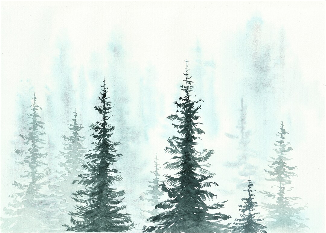 Foggy Trees Original Watercolor Art, Minimalistic Art, Pine Tree Wall ...