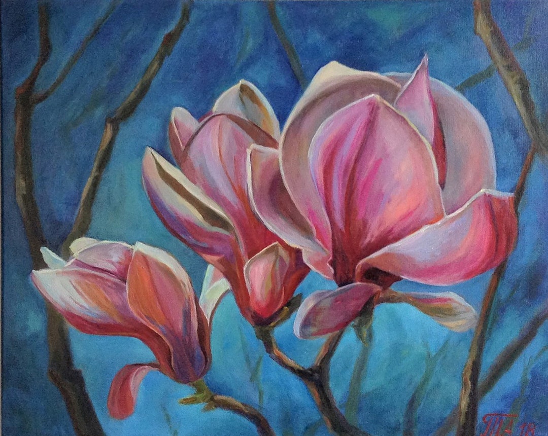 Magnolia Painting Original Canvas Art Pink Flowers Oil Artwork Spring ...