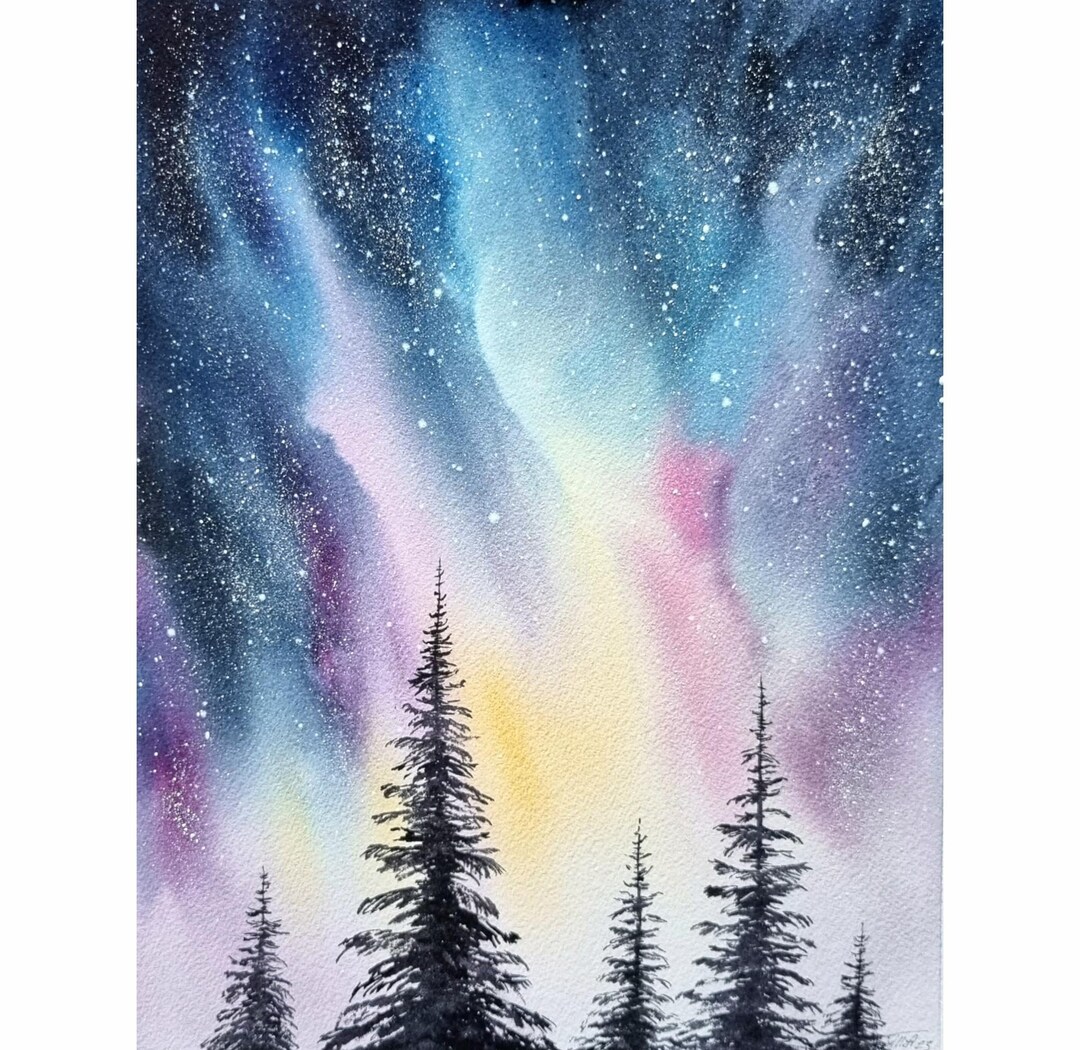 Northern Night Painting Original Watercolor Art Night Sky Artwork ...