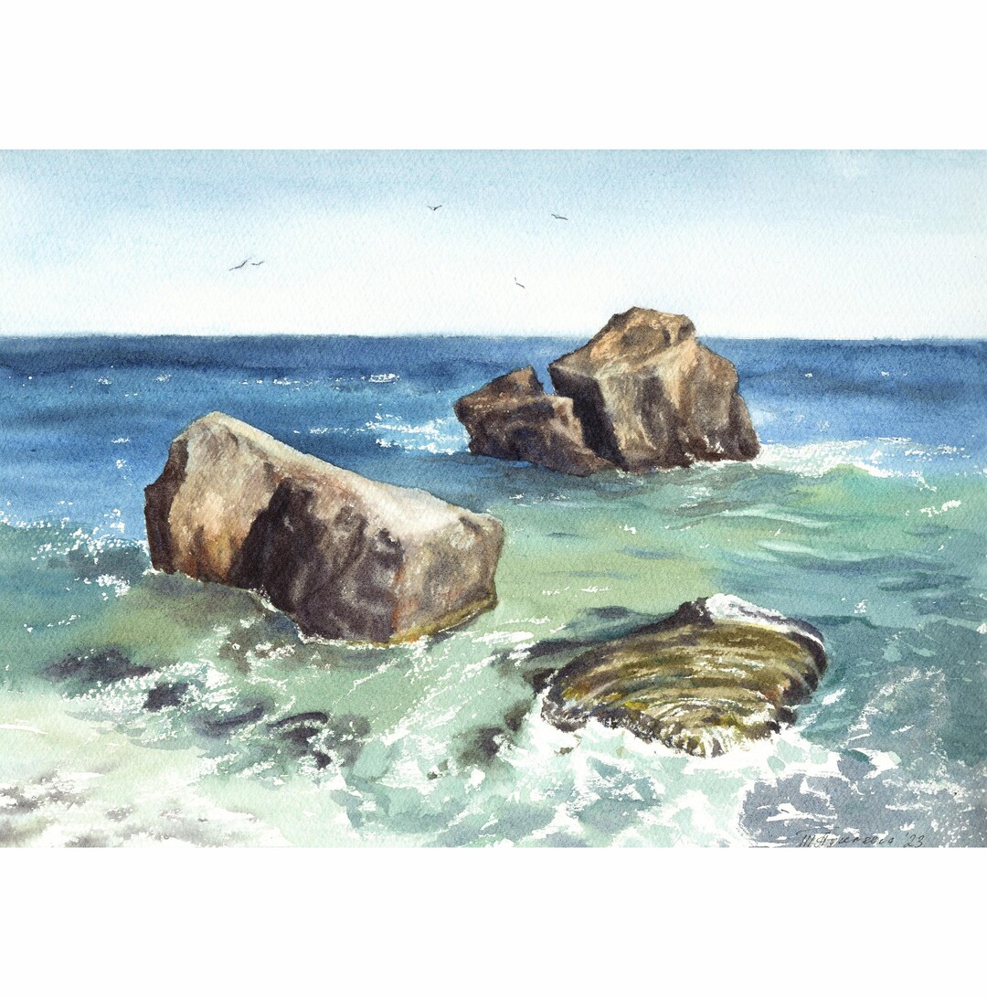 Rocky Seashore Painting Original Seascape Watercolor Art Sea Stones ...