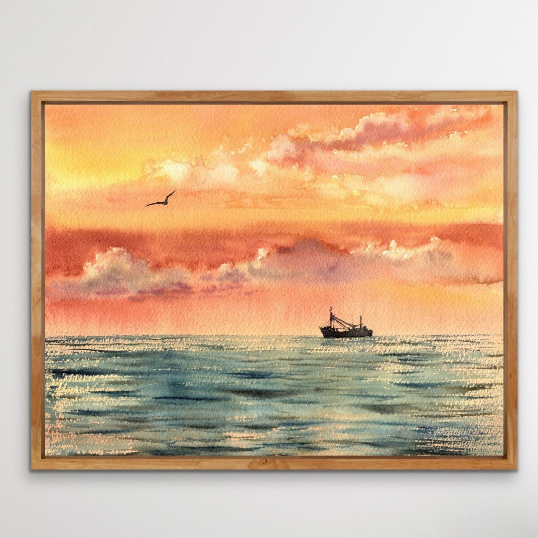 Sunset Print Watercolor Painting Seascape Artwork Coastal Wall - Etsy