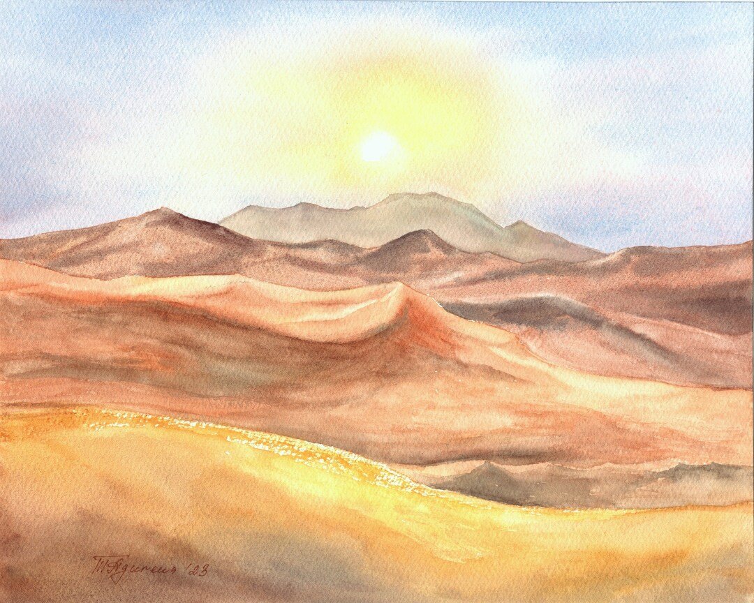 Desert Watercolor Painting Original Sunrise Art Sahara Wall - Etsy