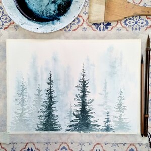 Foggy Trees Original Watercolor Art, Minimalistic Art, Pine Tree Wall ...