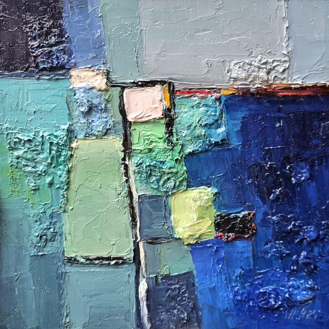 Blue Abstract ORIGINAL Impasto Painting Small Oil Artwork 7x7 Inches ...