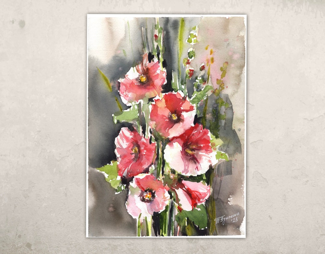 Mallow Painting Summer Flowers Original Watercolor Art Floral Wall Art ...