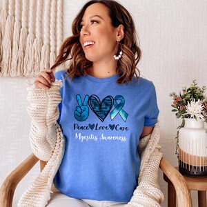 Myositis Awareness Shirt, Peace Love Cure Shirt, Myositis Warrior, Blue ...