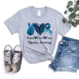 Myositis Awareness Shirt, Peace Love Cure Shirt, Myositis Warrior, Blue ...