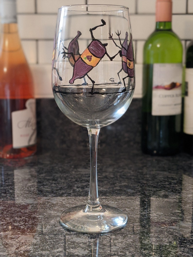 Dancing Wine Bottle Hand Painted Wine Glass - Etsy