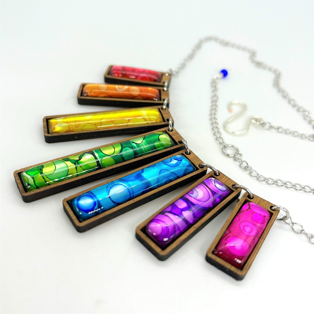 Statement Upcycled Rainbow Soda Can Necklace, Seven Beads Set in Bamboo ...