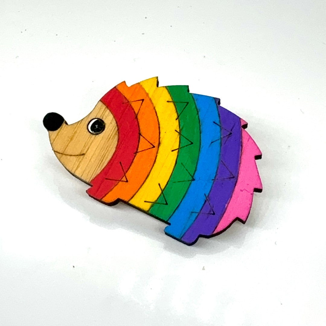 Cute Hand Painted Rainbow Hedgehog Badge / Brooch, Bamboo, Quirky, Fun ...