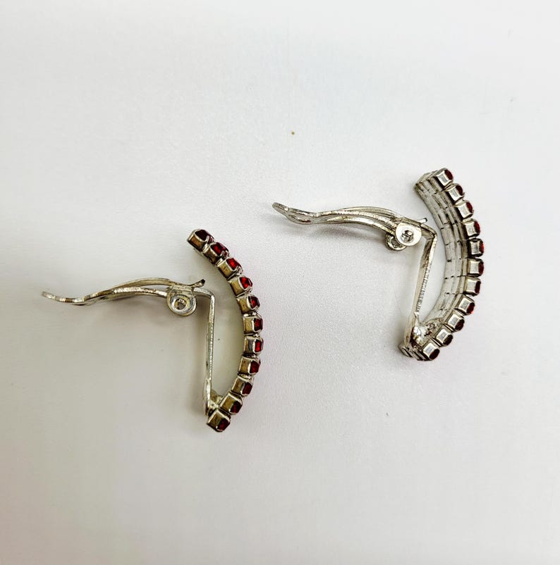 Vintage Ruby Red Austrian Crystal Half Hoop Clip on Earrings, Sparkling Rhinestone Huggie Hoops ...