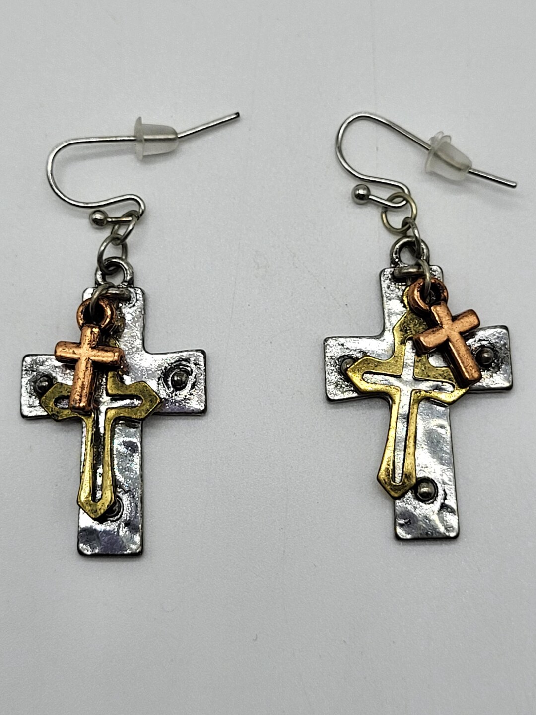 Estate 3D Cross Earrings, Mixed Metal Dangle Cross Earrings, Religious ...