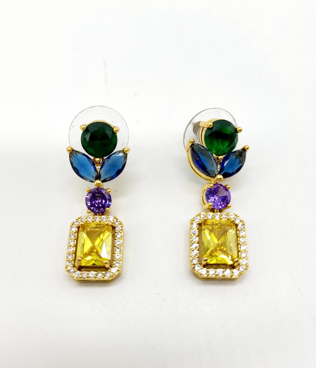 Multi-colored Crystal Rhinestone Dangle Earrings, Green, Blue, Lavender ...