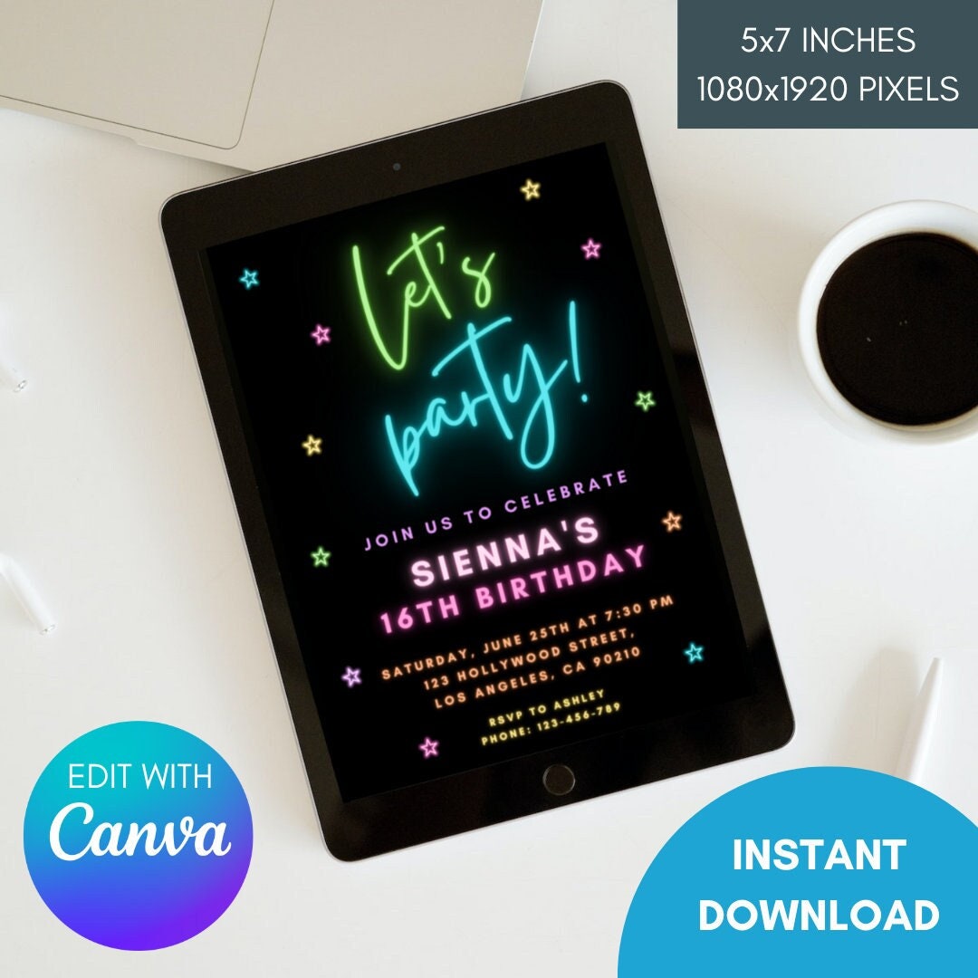 Neon Lights Birthday Invite| Let's Party Invitation| Glow Party| Neon ...