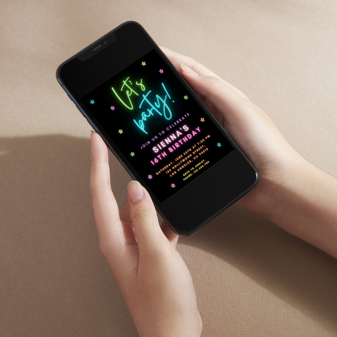 Neon Lights Birthday Invite| Let's Party Invitation| Glow Party| Neon ...