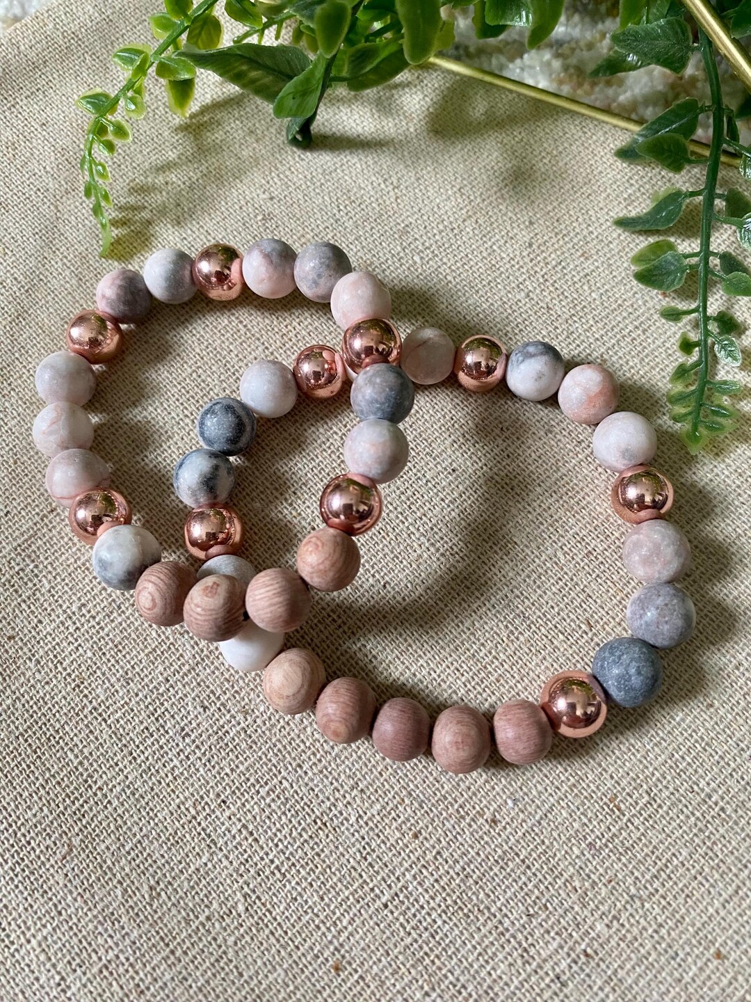 Pink Zebra Jasper Rosewood Diffuser Bracelet Set With Rose Gold Accents ...