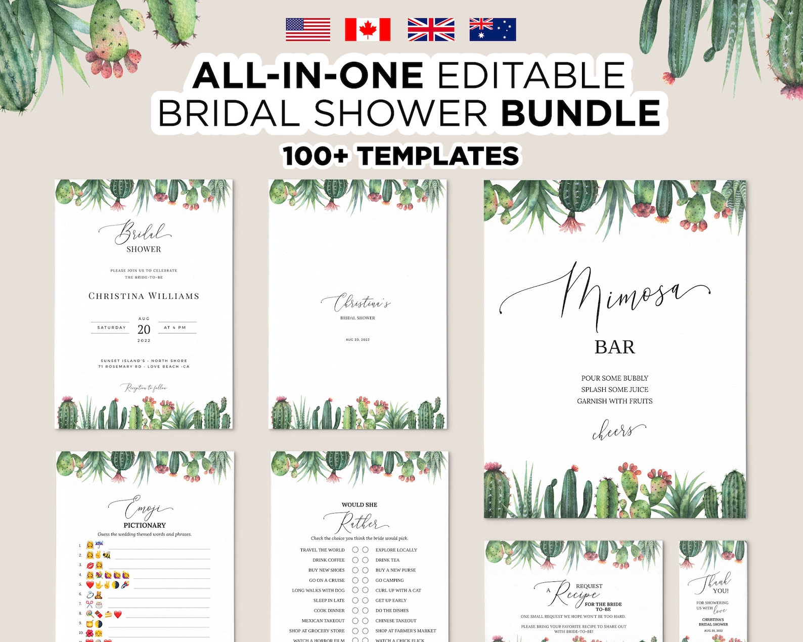 Editable Cactus Bridal Shower Bundle Printable Cactus Fiesta - Etsy