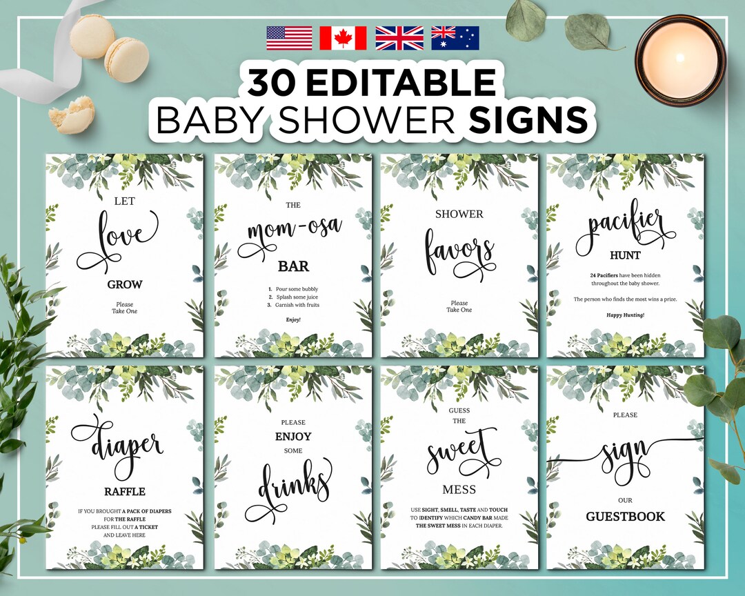 30 Editable Baby Shower Signs, Baby Shower Table Sign, Greenery Baby ...